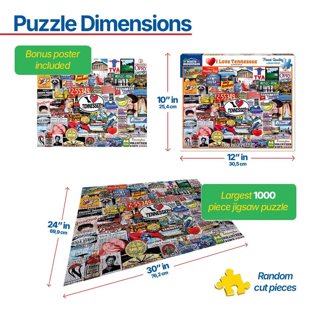 1000 Piece Jigsaw Puzzle - I Love Tennessee – White Mountain Puzzles
